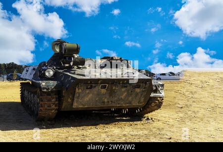 Damaged tanks, armored vehicles and equipment on the battlefield ...
