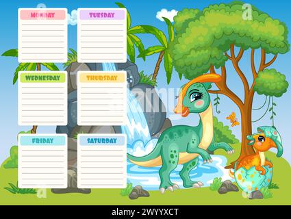 School timetable schedule with cartoon dinosaurs. Vector kids time ...