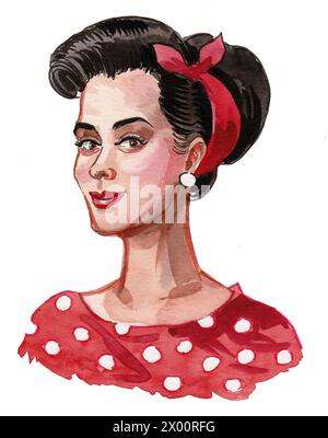 Pretty pin-up girl. Ink black and white illustration Stock Photo - Alamy
