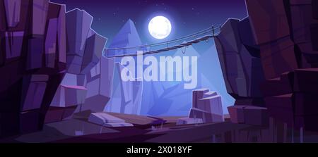 Old suspension bridge in night mountains. Vector cartoon illustration ...