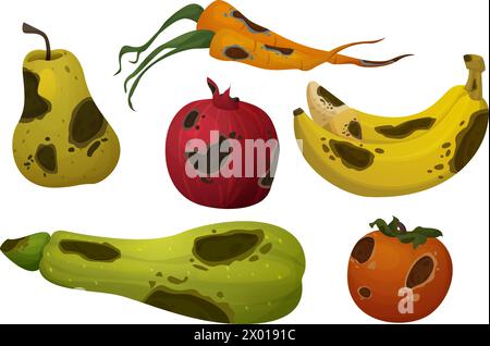 Rotten food cartoon set of spoiled moldy organic milk and meat products ...