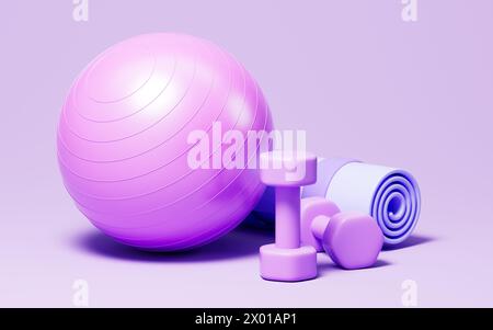 Cartoon yoga mat and dumbbells, sports fitness concept, 3d rendering ...