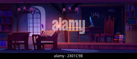 Magic school classroom interior at night. Vector cartoon illustration ...