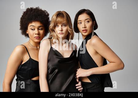 Portrait of three ladies diversity wear big heart star shape sunglass ...