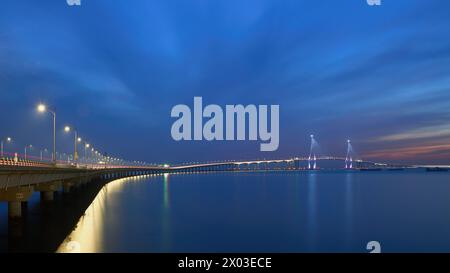 Sunset and night landscape of Incheon Bridge, South Korea Stock Photo ...