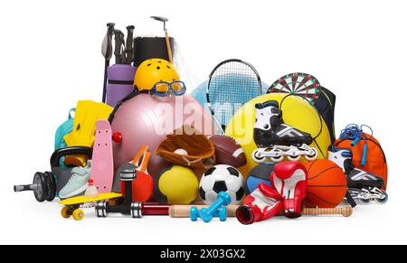 Set with different sports equipment on white background Stock Photo - Alamy
