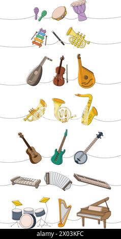 Tuba, trumpet one line colored continuous drawing. Musical instruments ...