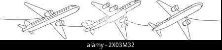 Plane set. Passenger airplanes one line continuous drawing. Different ...