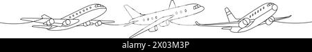 Plane set. Passenger airplanes one line continuous drawing. Different ...