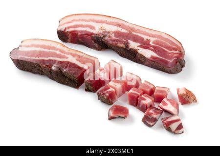 Italian pancetta, bacon cubes isolated on white background Stock Photo ...