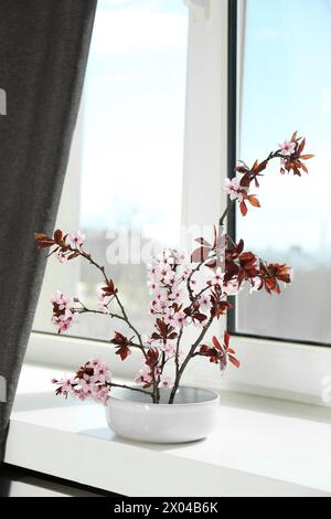 Beautiful blossoming tree branches on light background. Hello spring ...