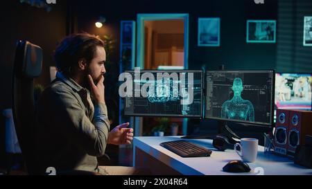 Self aware AGI AI gaining humanoid form inside cyberspace, waving hand ...