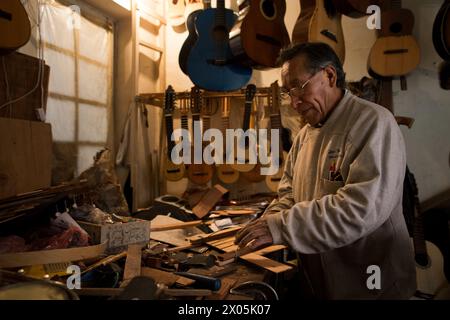 A craftsman builds and repairs string instruments like Guitars and ...