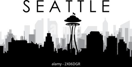 Vector illustration of Seattle, monochrome horizontal poster with ...