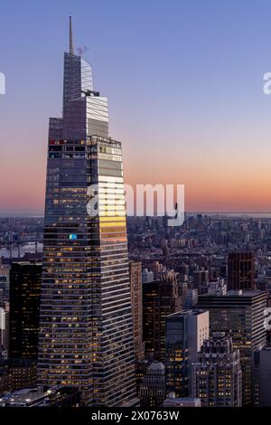 One Vanderbilt skyscraper illuminated at dusk. Aerial skyline of New ...