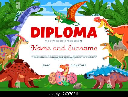 Kids diploma with funny tyrannosaur rex and baby dinosaur characters ...