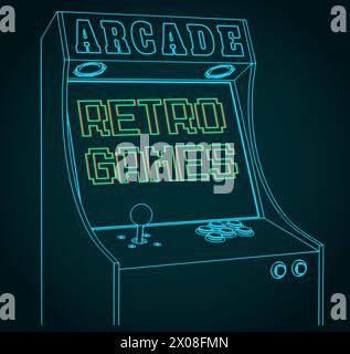 Stylized vector illustrations of a retro arcade games cabinet in ...