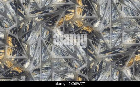 Two-layer 3d golden metal lattice on gray concrete background with high ...