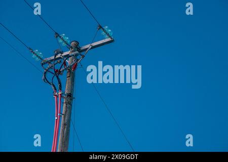 Power lines terminating into a ground cable Stock Photo - Alamy