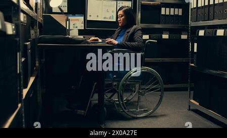Detective with impairment studying classified folders in archive room ...