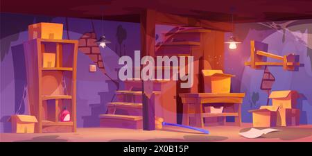 Abandoned basement room interior with cracked walls and broken stairs ...