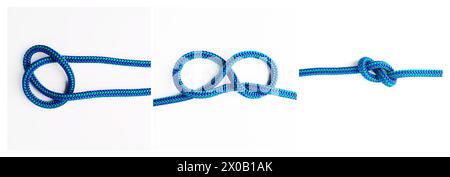 Guide, steps or how to tie ropes on white background in studio for ...