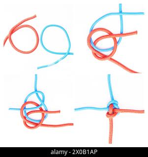 Guide, steps or how to tie ropes on white background in studio for ...