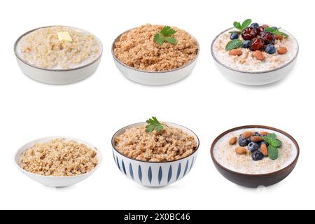 Set of tasty wheat porridge with different ingredients in bowls ...