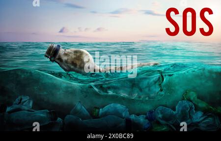 Word SOS and plastic garbage in ocean. Marine pollution Stock Photo - Alamy