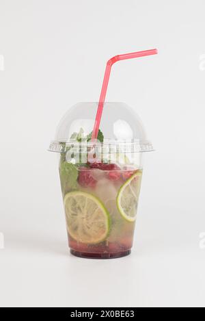 raspberry cocktails to go on white background Stock Photo - Alamy