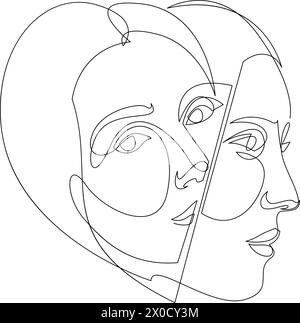 continuous line drawing of two faces - Vector illustration Stock Vector ...