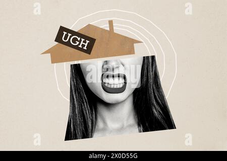 Composite photo collage of angry half face girl mouth scream megaphone ...