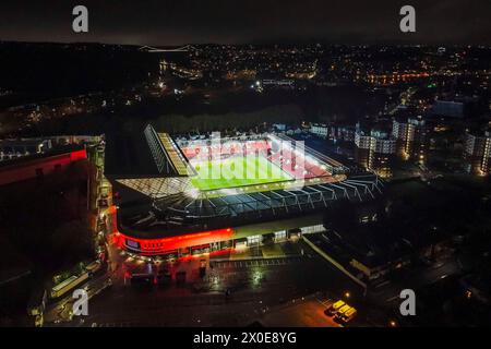 General aerial view of a floodlit Ashton Gate stadium home of English ...