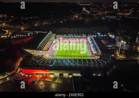 General aerial view of a floodlit Ashton Gate stadium home of English ...