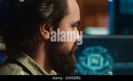 Stressed programmer updating artificial intelligence neural networks, writing binary code ...