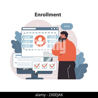 Enrollment process concept. Man analyzing user profile on computer. Digital registration, data ...