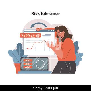 Risk tolerance concept. Woman analyzes financial graphs, gauging ...
