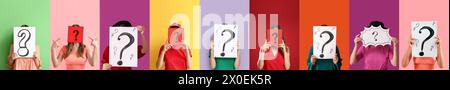 Set of people and papers with question marks on color background Stock ...