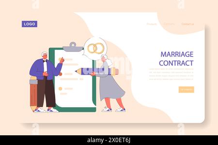Marriage contract. Senior couple with oversized pen and clipboard ...