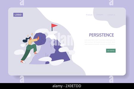 Persistence. Resolute woman pushing against obstacles to reach her goal atop a mountain. Conveys ...
