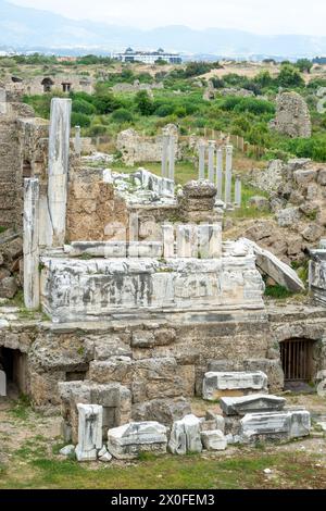 Restored ancient architectural ruins and columns of the ancient city of ...
