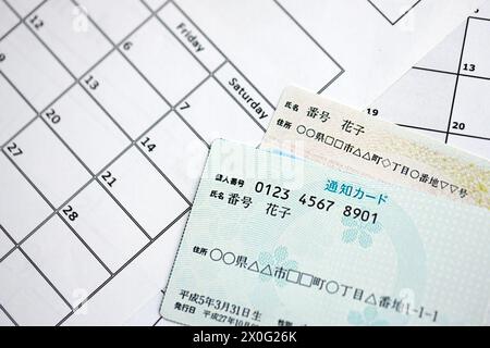 Japanese my number card specimen and notification card on calendar ...
