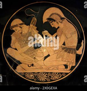 Achilles tending Patroclus wounded by an arrow, Attic red-figure kylix ...