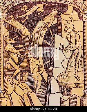 Torture of the wheel, executed by demons. Engraving after "Le grant ...