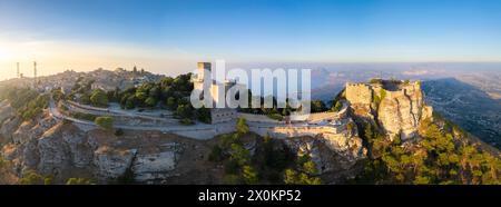 Aerial view of the village and castles of Erice towards Monte Cofano ...