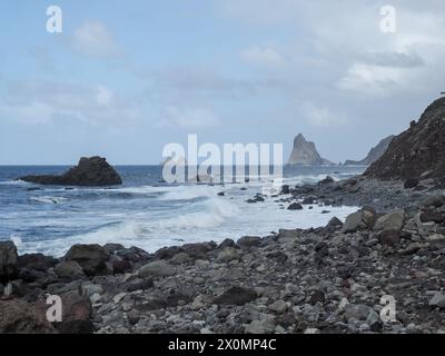 Panoramic view Playa del Roque de las Bodegas and blue Atlantic ocean ...