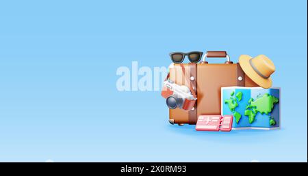 Travel the world luggage and hat with camera vector illustration ...