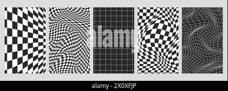 Square psychedelic checkerboards with warped white and black grid tile ...