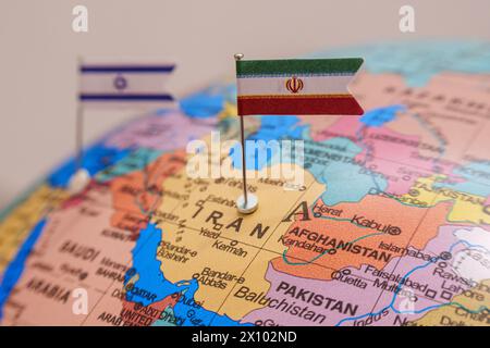Iran and Israel flags on geopolitic map. Iran and Israel war conflict ...
