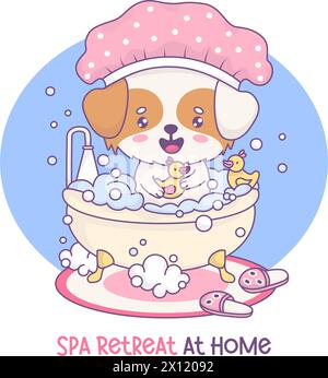 Cute dog wearing shower cap bathes in bath with foam and rubber duck ...